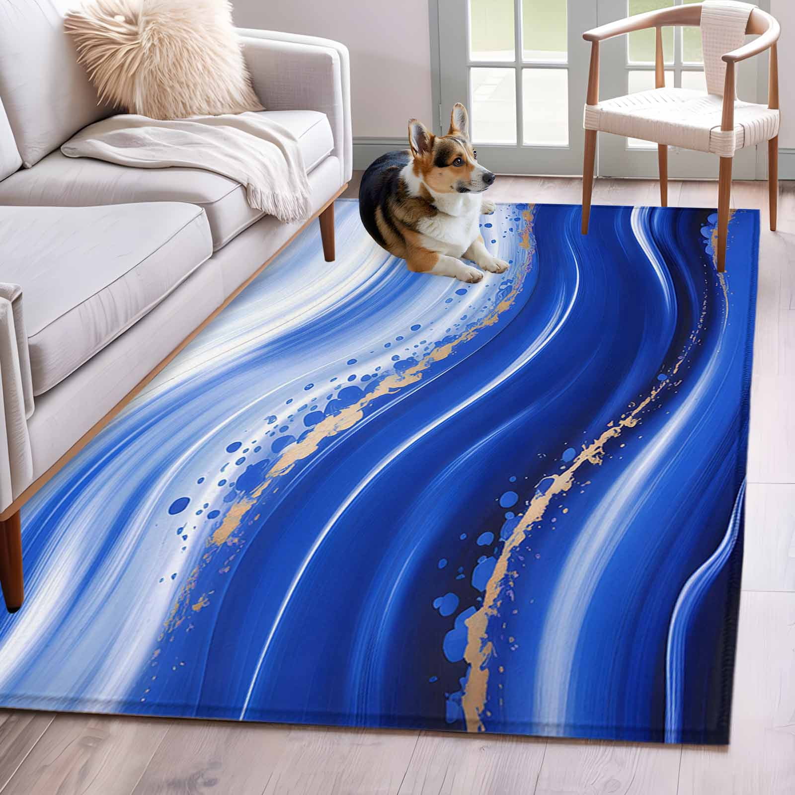 Area Rug for Living Room, Blue Waves Abstract Non-Slip Indoor Large ...