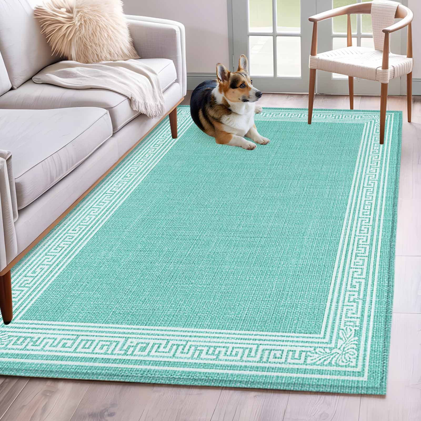 Area Rug for Living Room, Bluish Green Retro Greek Key Non-Slip Indoor ...