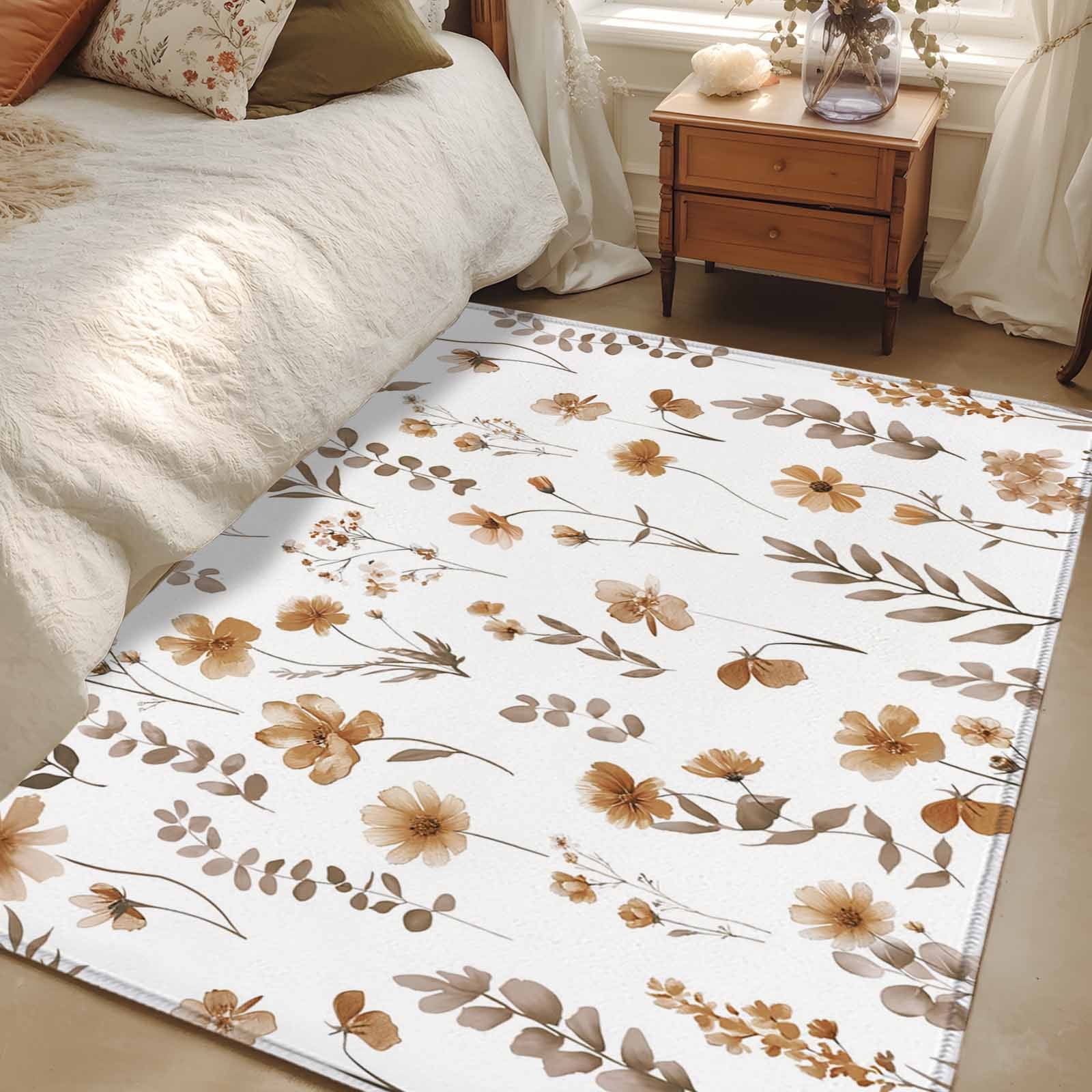 Area Rug for Living Room, Brown Spring Floral Non-Slip Indoor Large ...