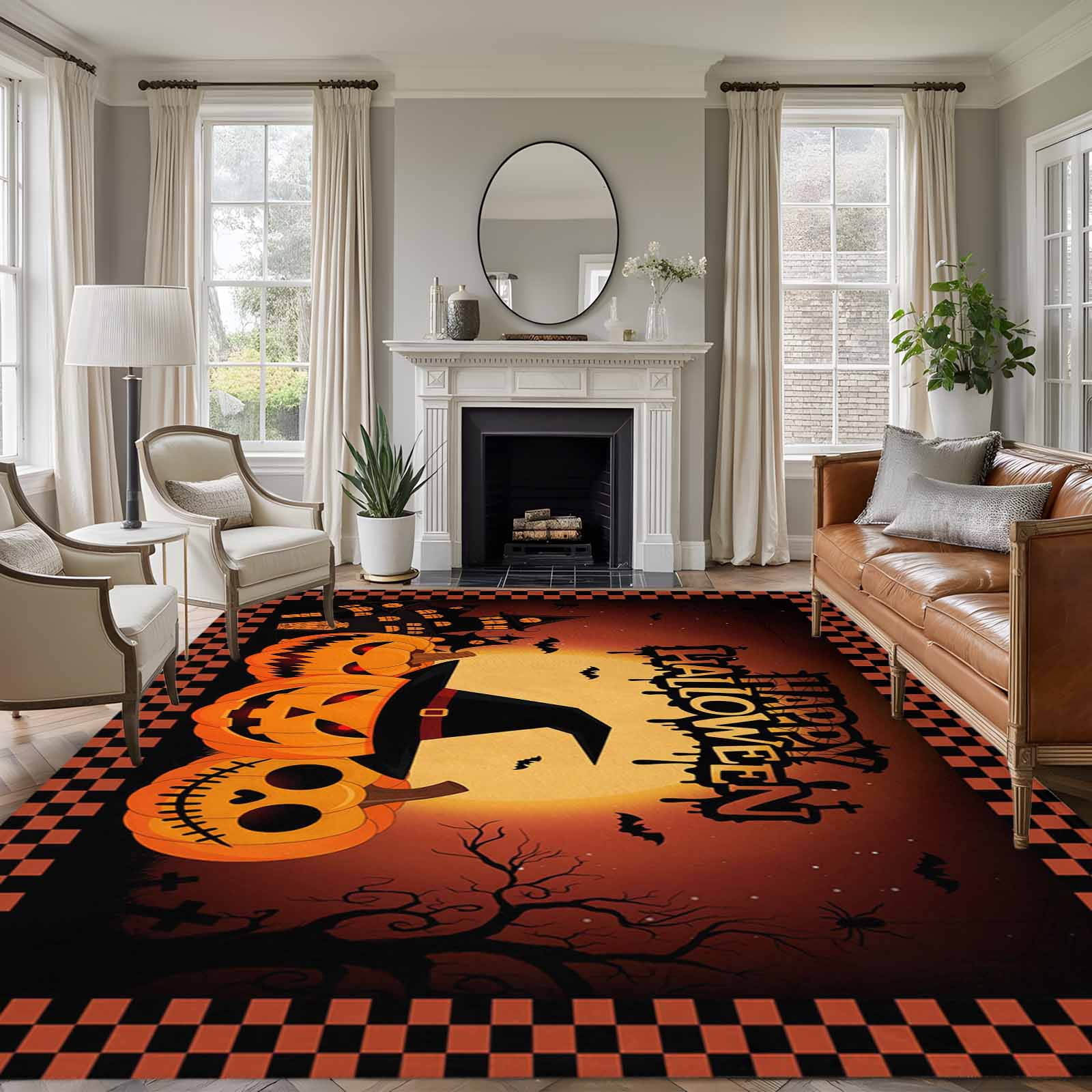 Area Rug for Living Room, Burnt Orange Halloween Non-Slip Indoor Large ...