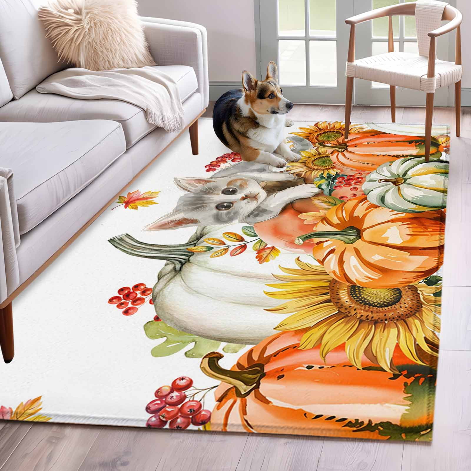 Area Rug for Living Room, Burnt Orange Pumpkins Fall Non-Slip Indoor ...