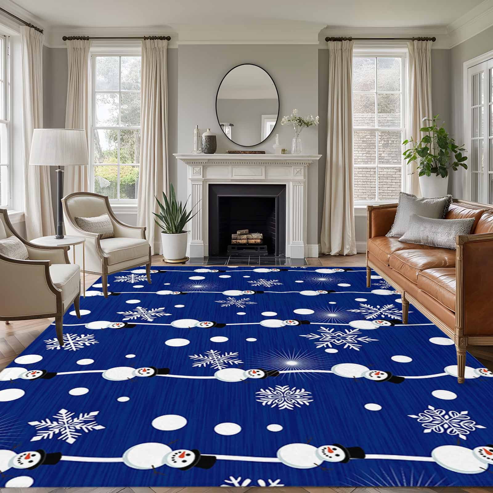 Area Rug for Living Room, Christmas Snowman Blue Non-Slip Indoor Large ...