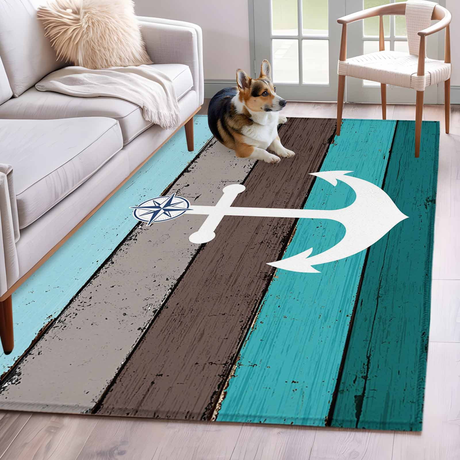 Area Rug for Living Room, Coastal Anchor Non-Slip Indoor Large Carpet ...