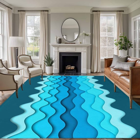 Area Rug for Living Room, Coastal Blue Wave Non-Slip Indoor Large ...