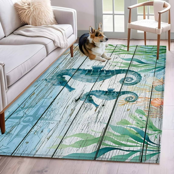 Area Rug for Living Room, Coastal Seahorse Non-Slip Indoor Large Carpet ...