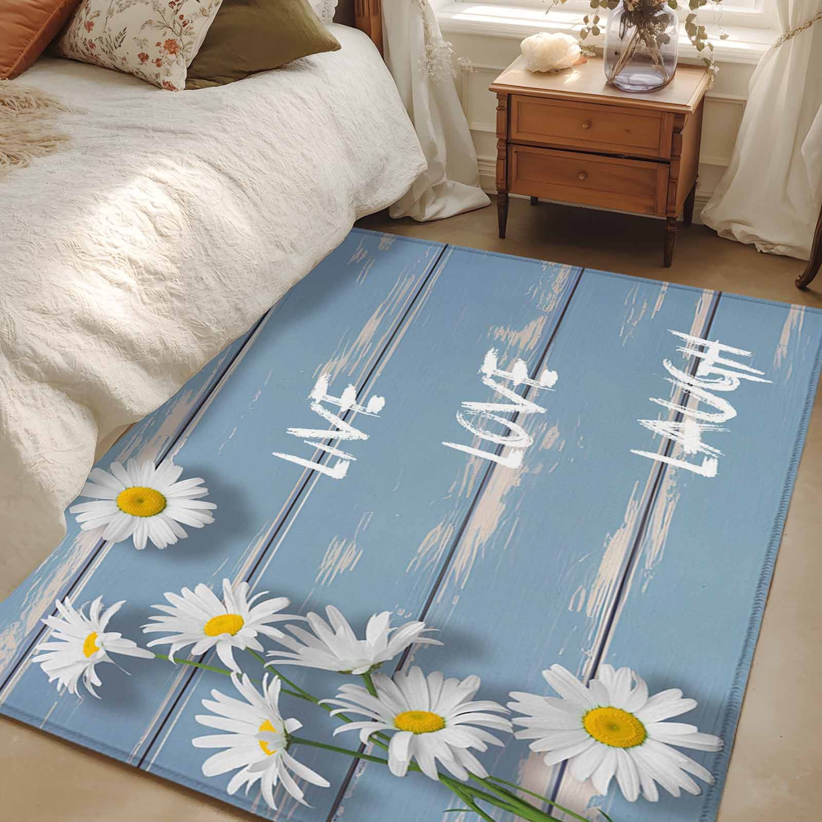 Area Rug for Living Room, Daisy Flower Blue Non-Slip Indoor Large ...