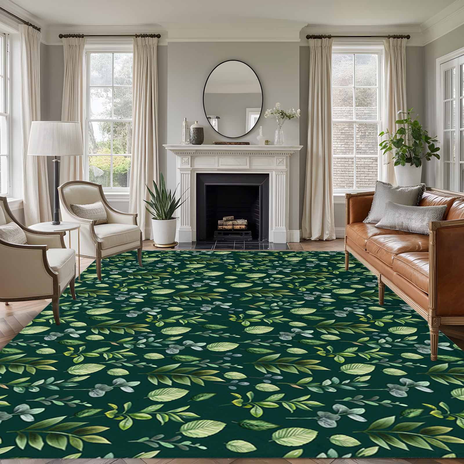 Area Rug for Living Room, Dark Green Leaves Non-Slip Indoor Large ...