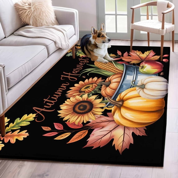 Area Rug for Living Room, Fall Pumpkins Sunflowers Non-Slip Indoor ...