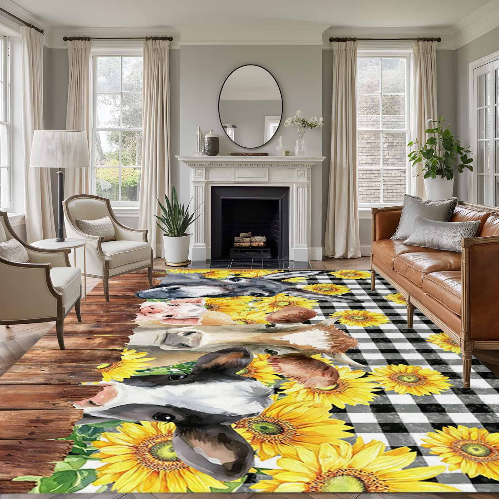Area Rug for Living Room, Farmhouse Pig Cow Wooden Non-Slip Indoor Ex ...