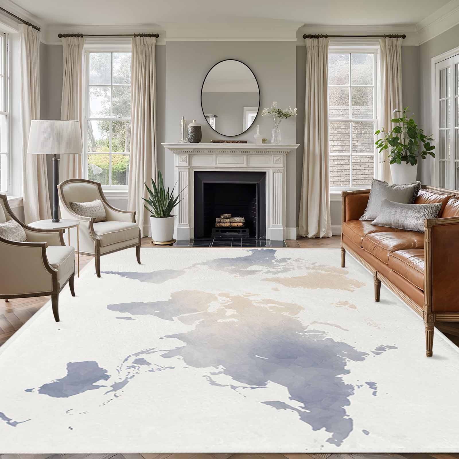 Area Rug for Living Room, Gray Beige Map Non-Slip Indoor Large Carpet ...