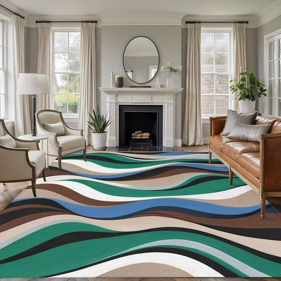 Area Rug for Living Room, Green Blue Brown Moire Non-Slip Indoor Large ...