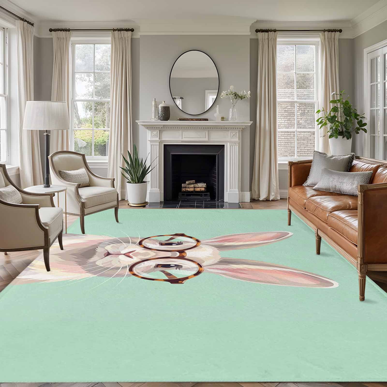 Area Rug for Living Room, Green Cute Bunny Non-Slip Indoor Large Carpet ...