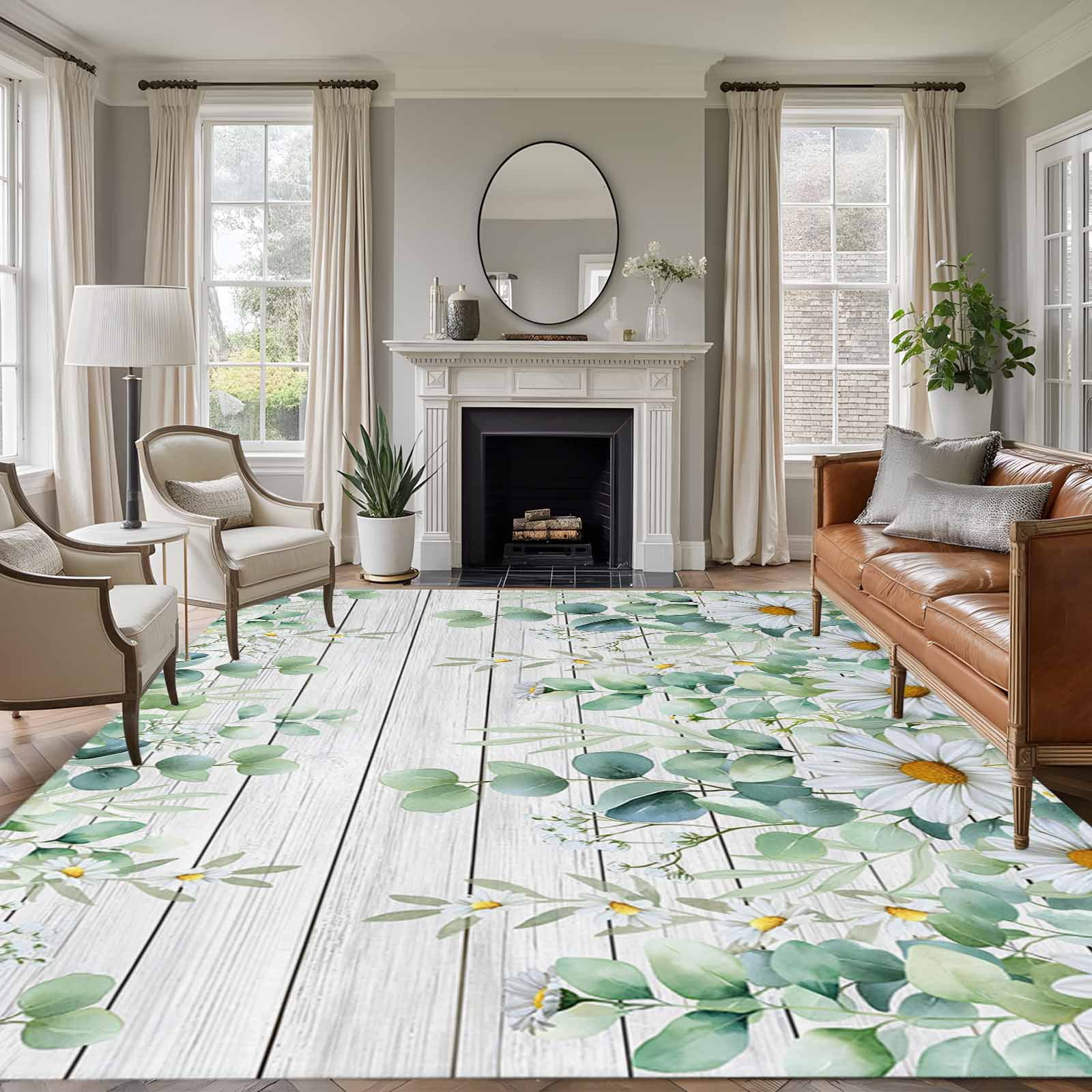 Area Rug for Living Room, Green Eucalyptus Leaves Non-Slip Indoor Large Carpet for Bedroom ...