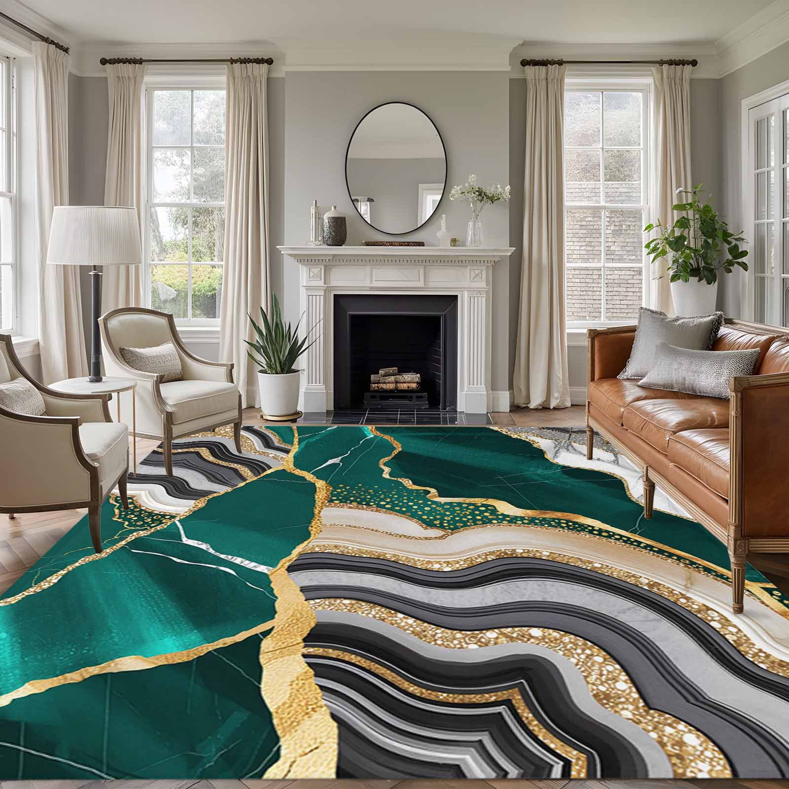 Area Rug for Living Room, Green Marble Non-Slip Indoor Large Carpet for ...