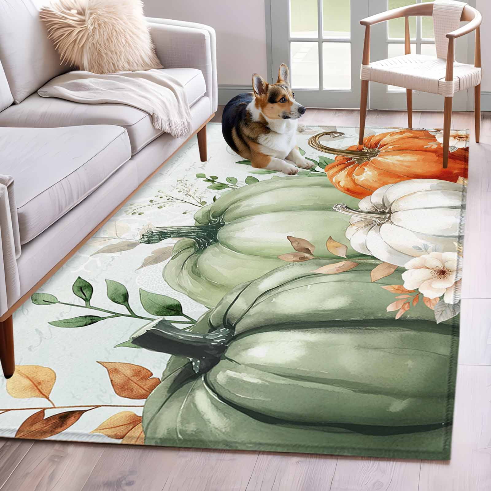 Area Rug for Living Room, Green Orange Pumpkin Fall Non-Slip Indoor ...