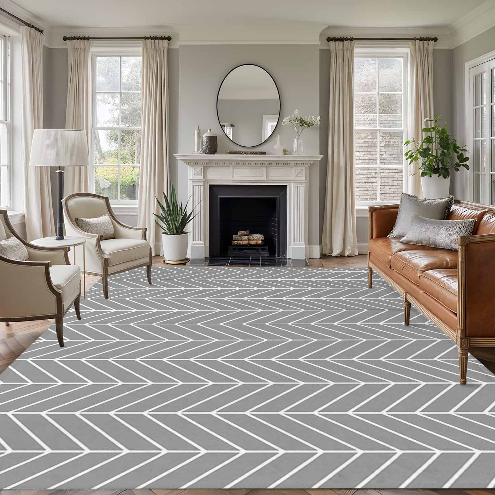 Area Rug for Living Room, Grey Geometric Non-Slip Indoor Large Carpet ...