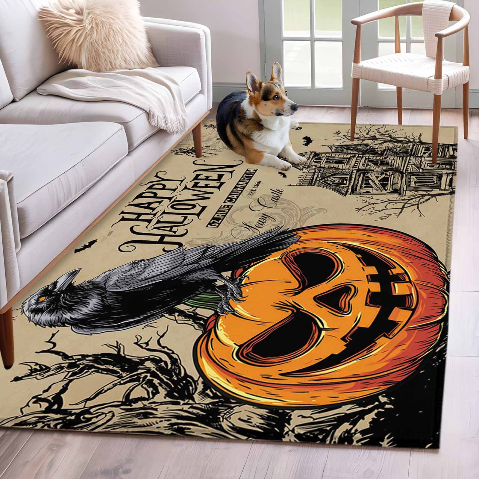 Area Rug for Living Room, Halloween Evil Pumpkin Non-Slip Indoor Large ...