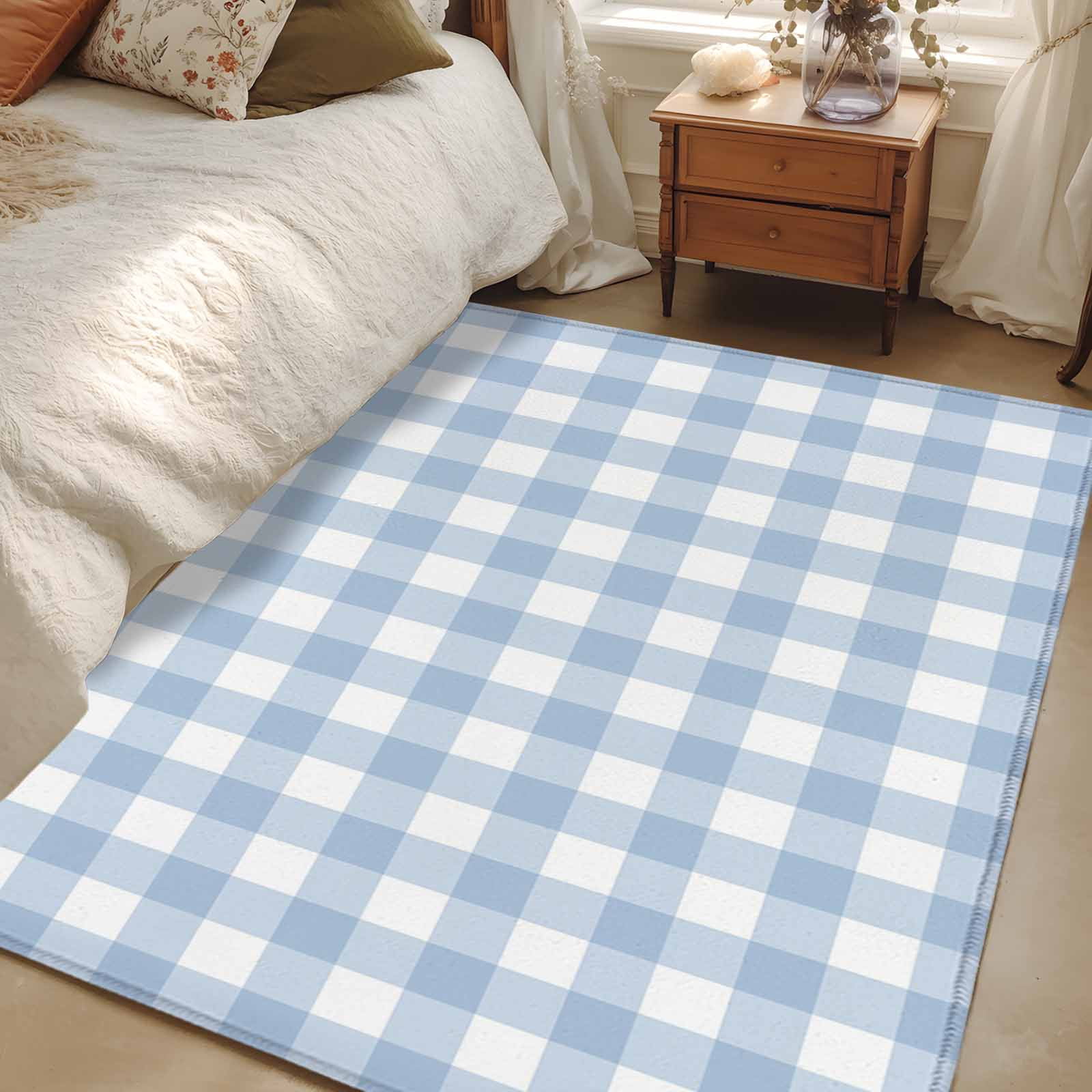 Area Rug for Living Room, Light Blue Plaid Non-Slip Indoor Large Carpet ...