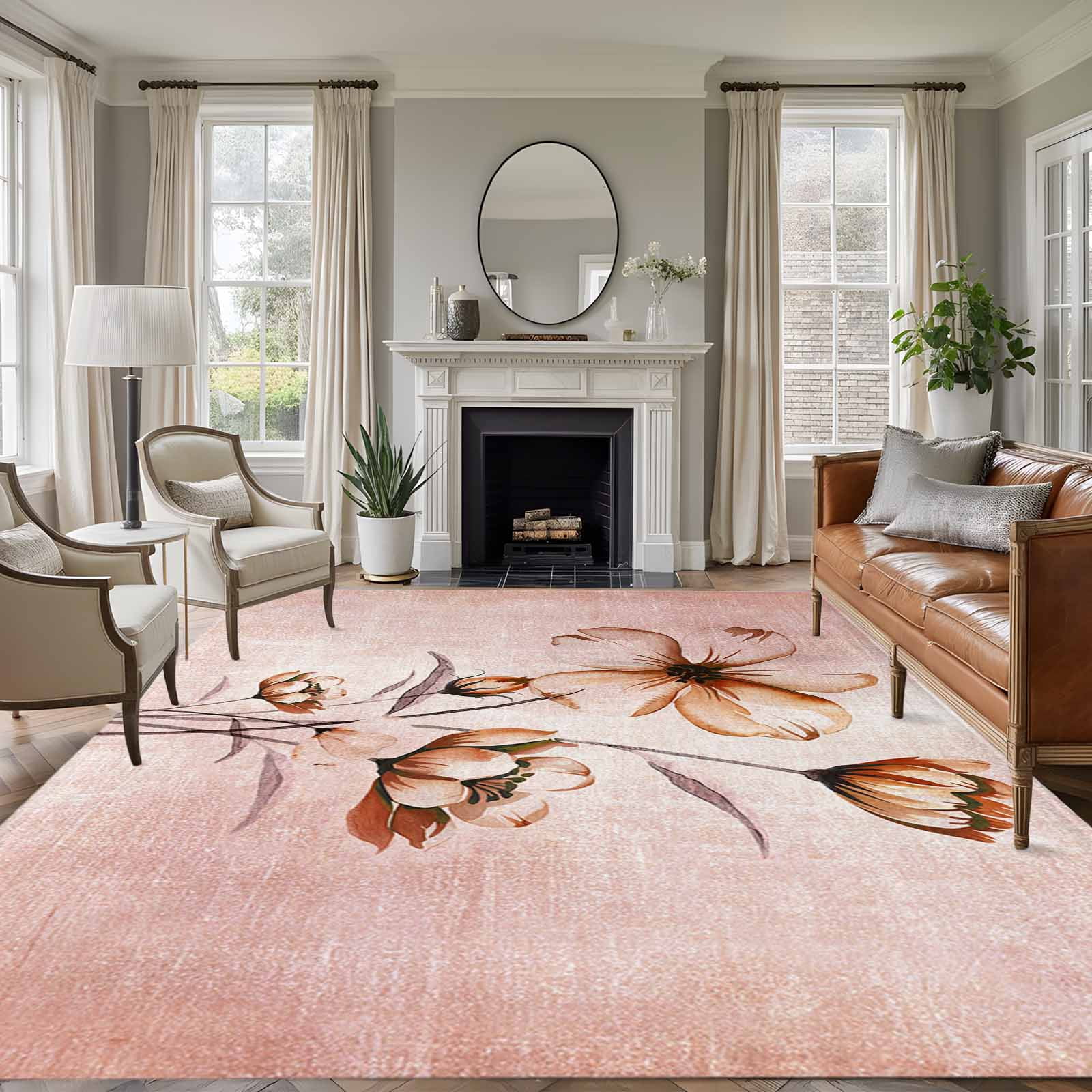 Area Rug for Living Room, Light Orange Spring Floral Non-Slip Indoor ...