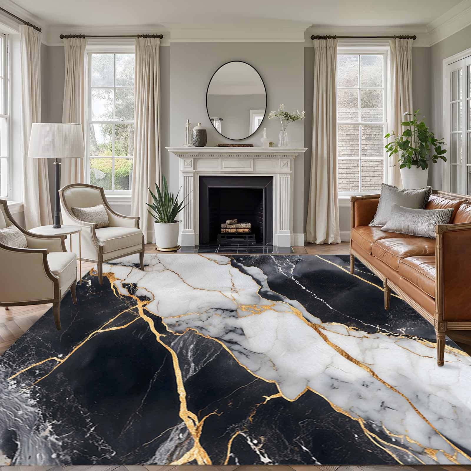 Area Rug for Living Room, Marble Black Non-Slip Indoor Large Carpet for ...