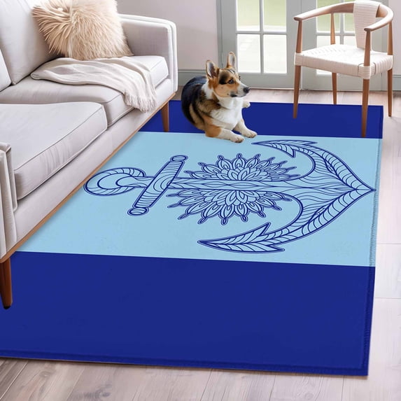 Area Rug for Living Room, Navy Blue Anchor Non-Slip Indoor Large Carpet ...