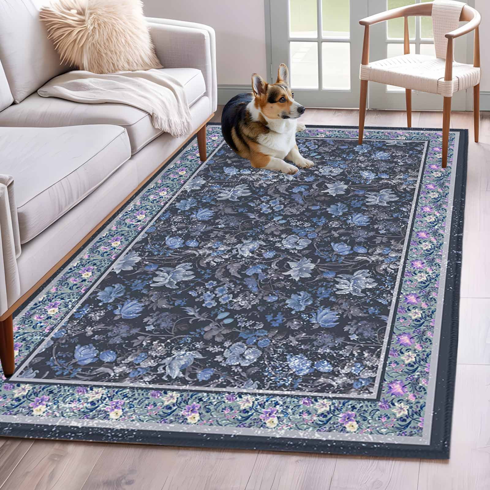 Area Rug for Living Room, Navy Blue Floral Boho Non-Slip Indoor Large ...
