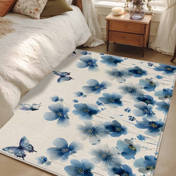 Area Rug for Living Room, Navy Blue Floral Non-Slip Indoor Large Carpet ...