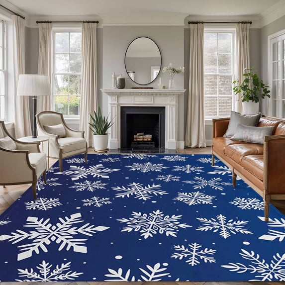 Area Rug for Living Room, Navy Blue Snowflake Christmas Non-Slip Indoor ...