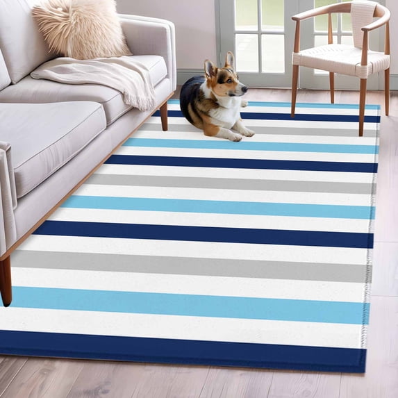 Area Rug for Living Room, Navy Blue Stripe Non-Slip Indoor Large Carpet ...