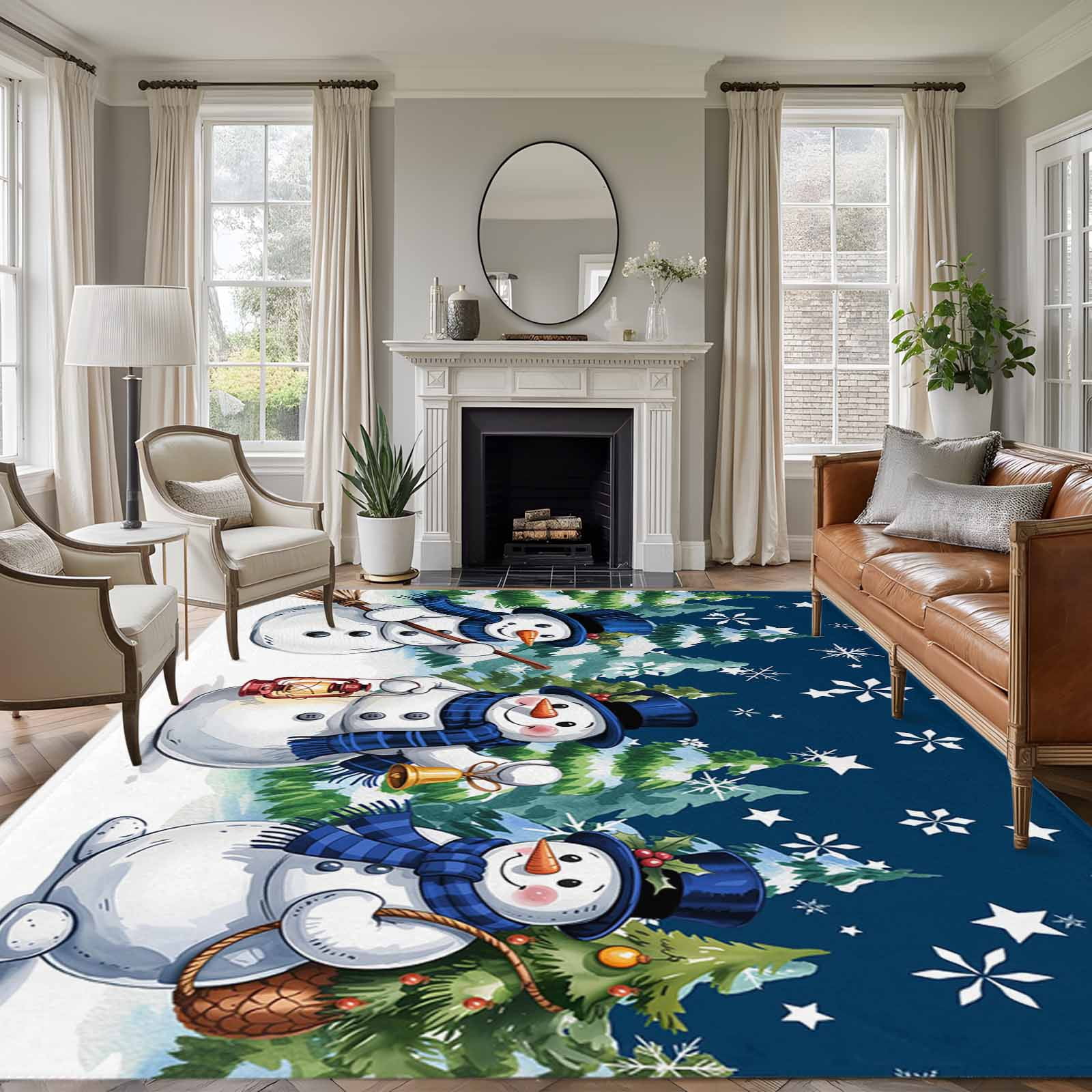 Area Rug for Living Room, Navy Blue White Snowman Christmas Non-Slip ...
