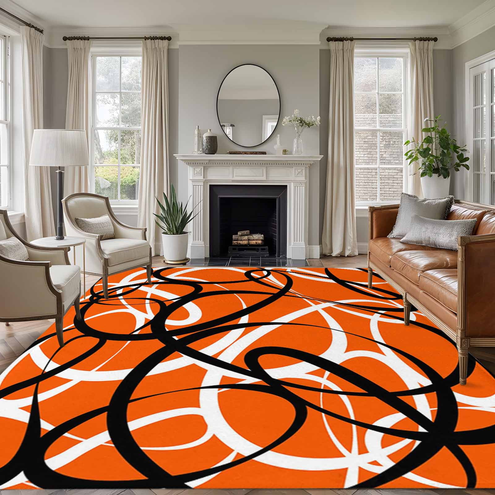 Area Rug for Living Room, Orange Geometric Non-Slip Indoor Large Carpet ...