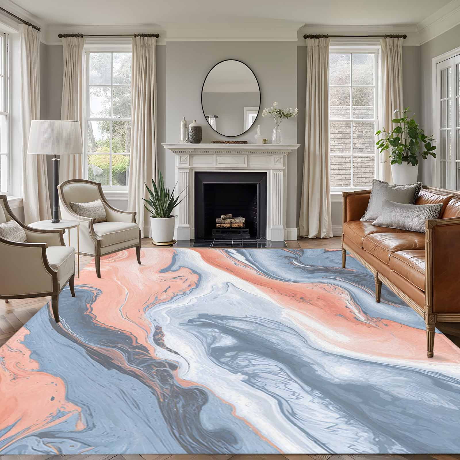 Area Rug for Living Room, Orange Grey Marble Non-Slip Indoor Large ...