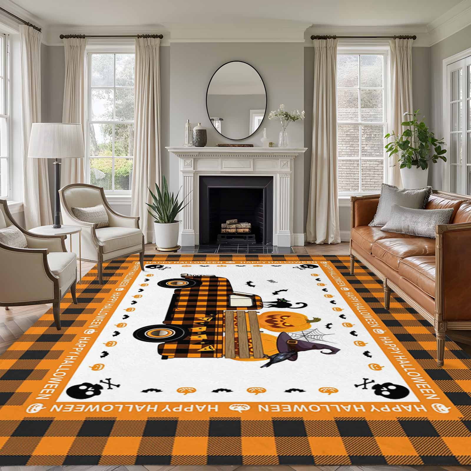 Area Rug for Living Room, Orange Halloween Non-Slip Indoor Large Carpet ...