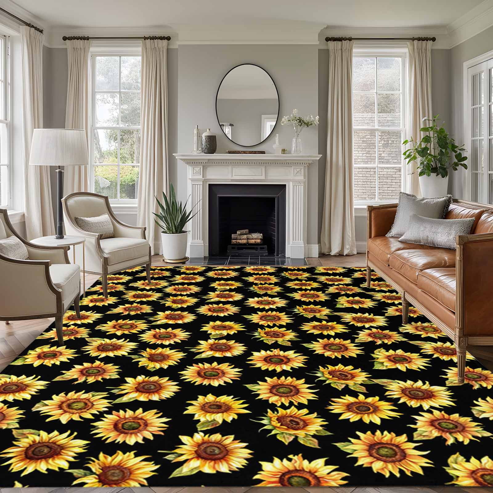 Area Rug for Living Room, Orange Sunflowers Fall Non-Slip Indoor Large ...