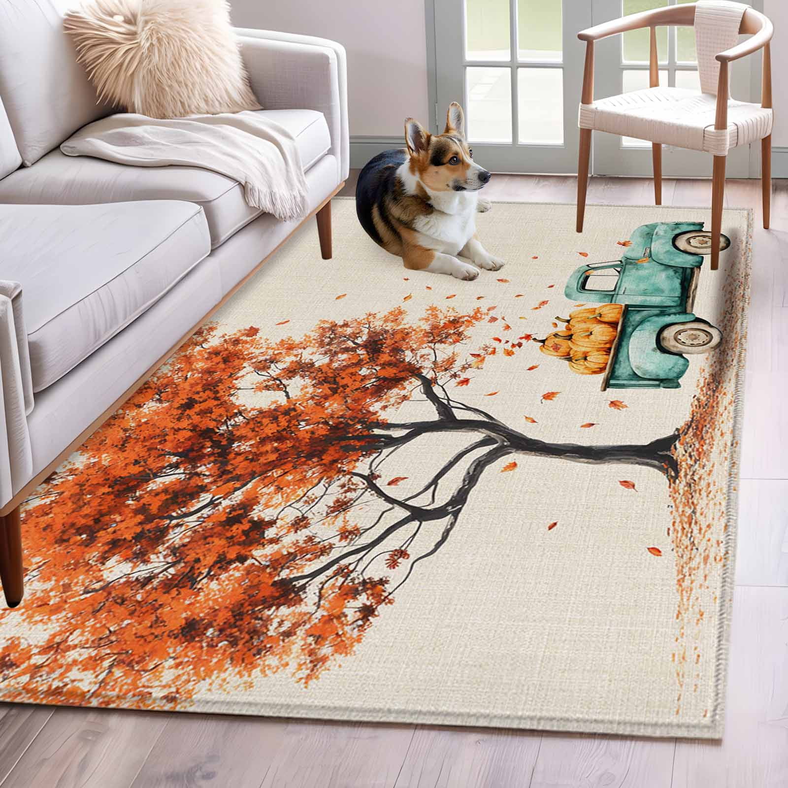 Area Rug for Living Room, Orange Tree Fall Non-Slip Indoor Large Carpet ...