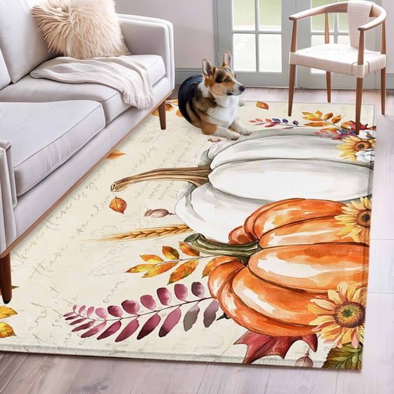 Area Rug for Living Room, Orange White Pumpkins Fall Non-Slip Indoor ...
