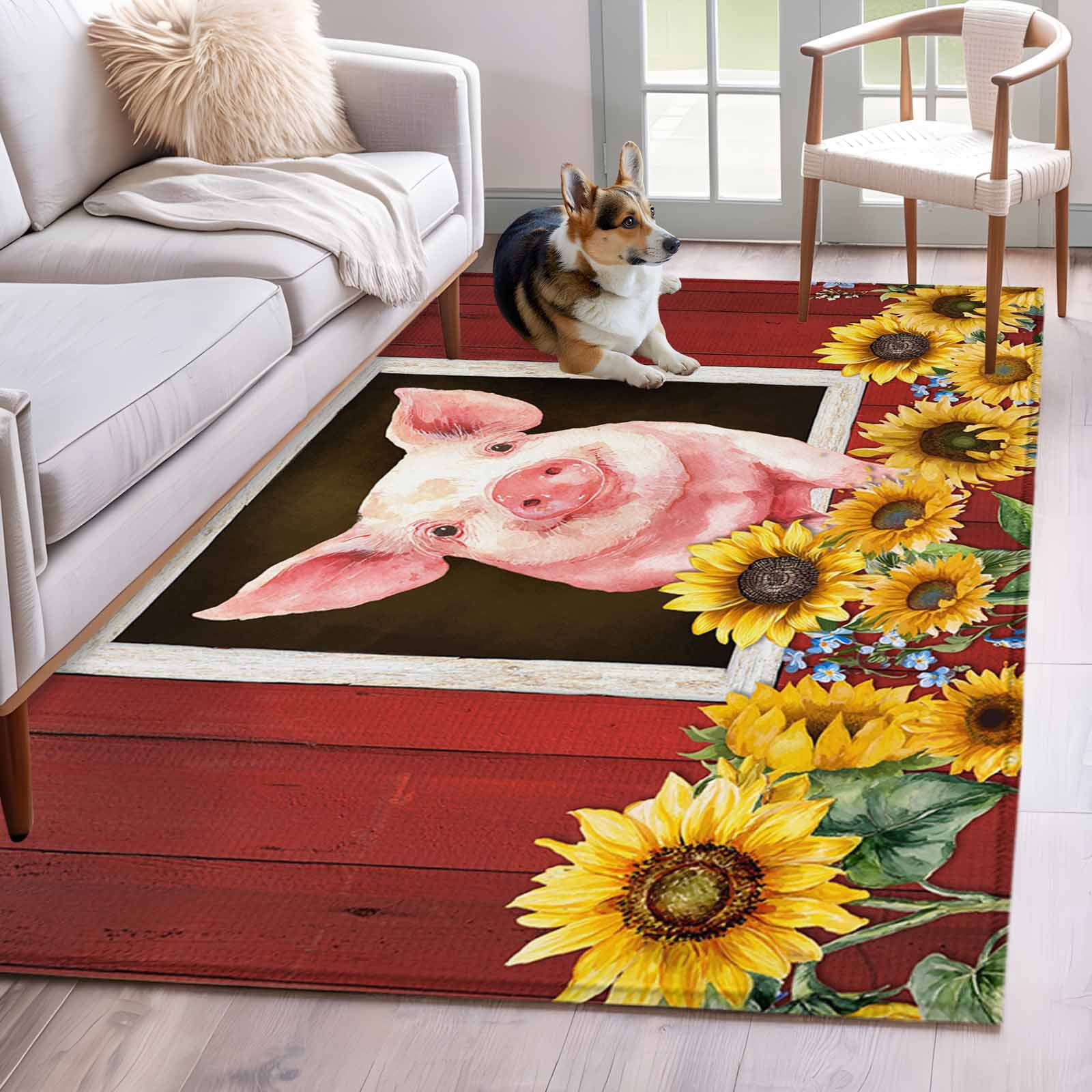 Area Rug for Living Room, Pigs Sunflowers Non-Slip Indoor Large Carpet ...