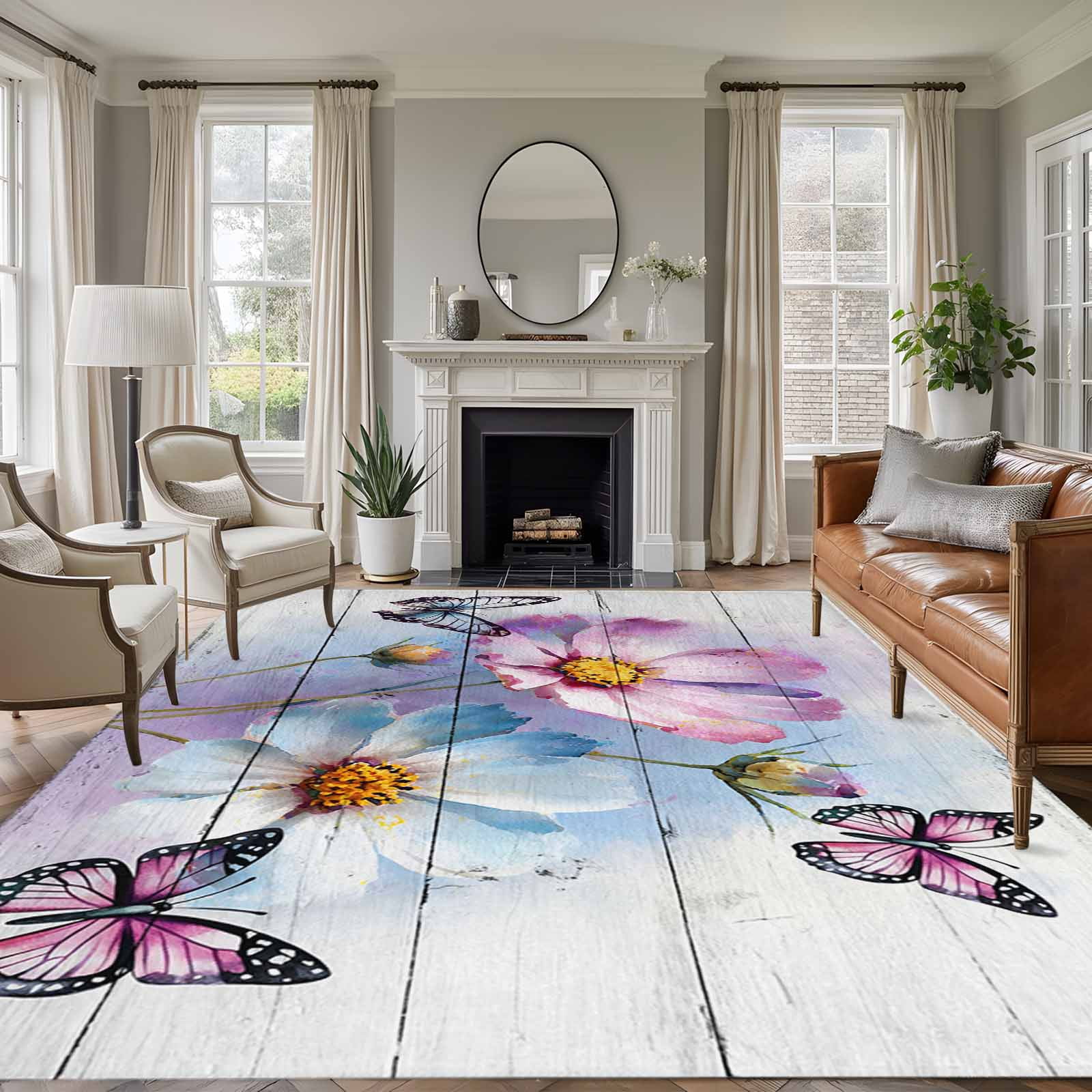 Area Rug for Living Room, Pink Blue Floral Non-Slip Indoor Large Carpet ...