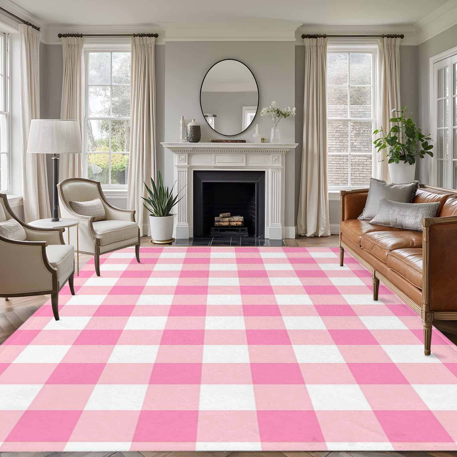 Area Rug for Living Room, Pink Buffalo Check Non-Slip Indoor Large ...