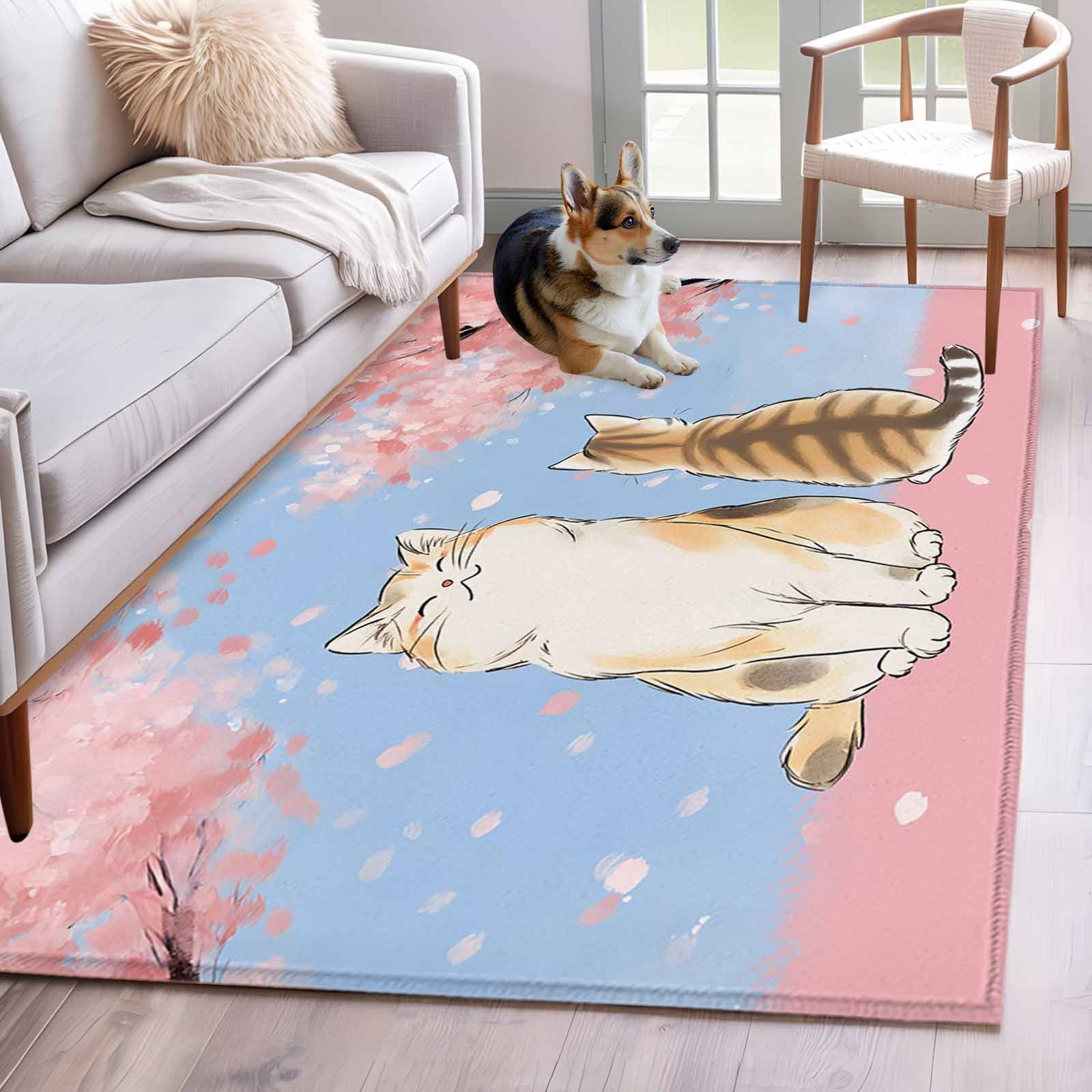 Area Rug for Living Room, Pink Cat Non-Slip Indoor Large Carpet for ...
