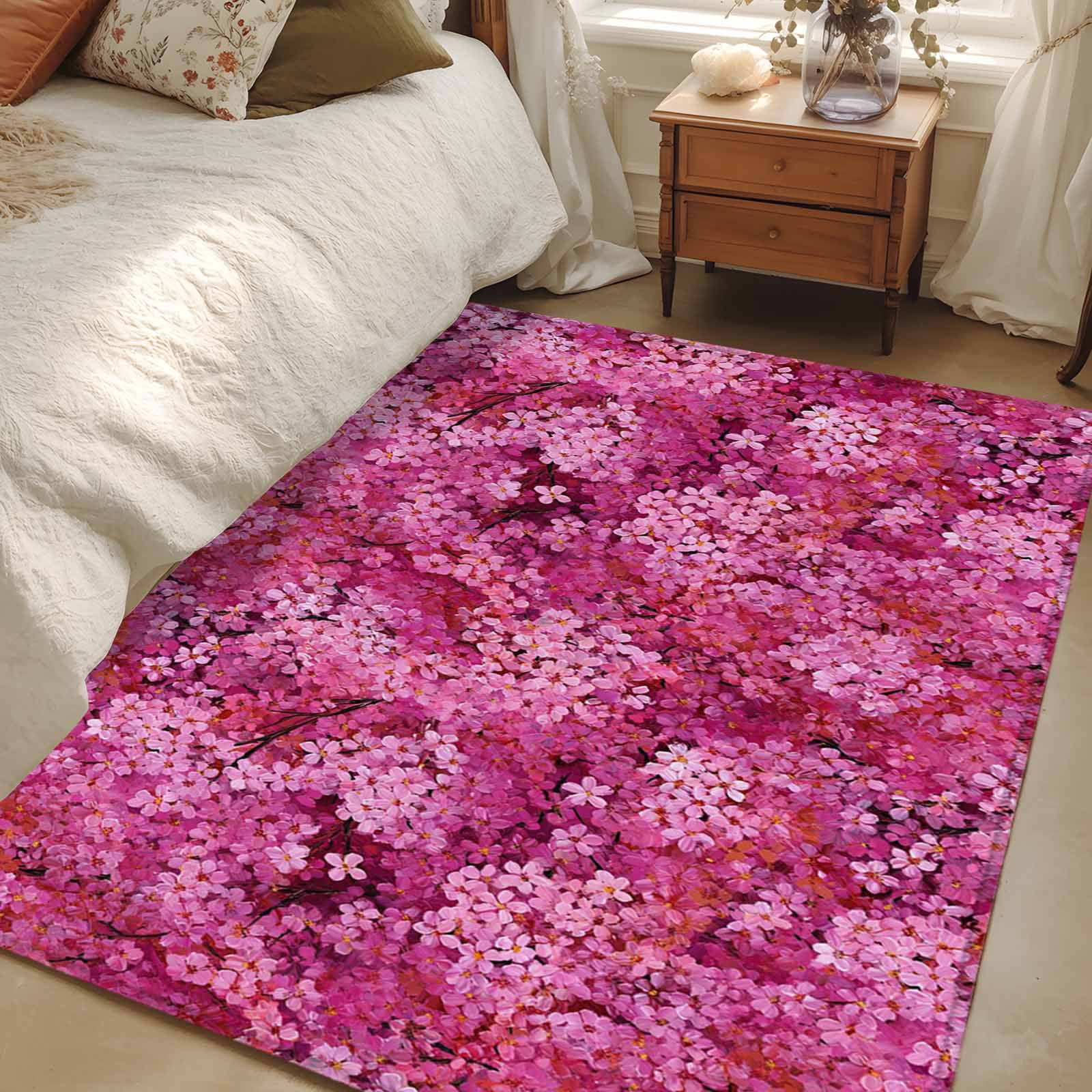 Area Rug for Living Room, Pink Cherry Blossom Non-Slip Indoor Large ...