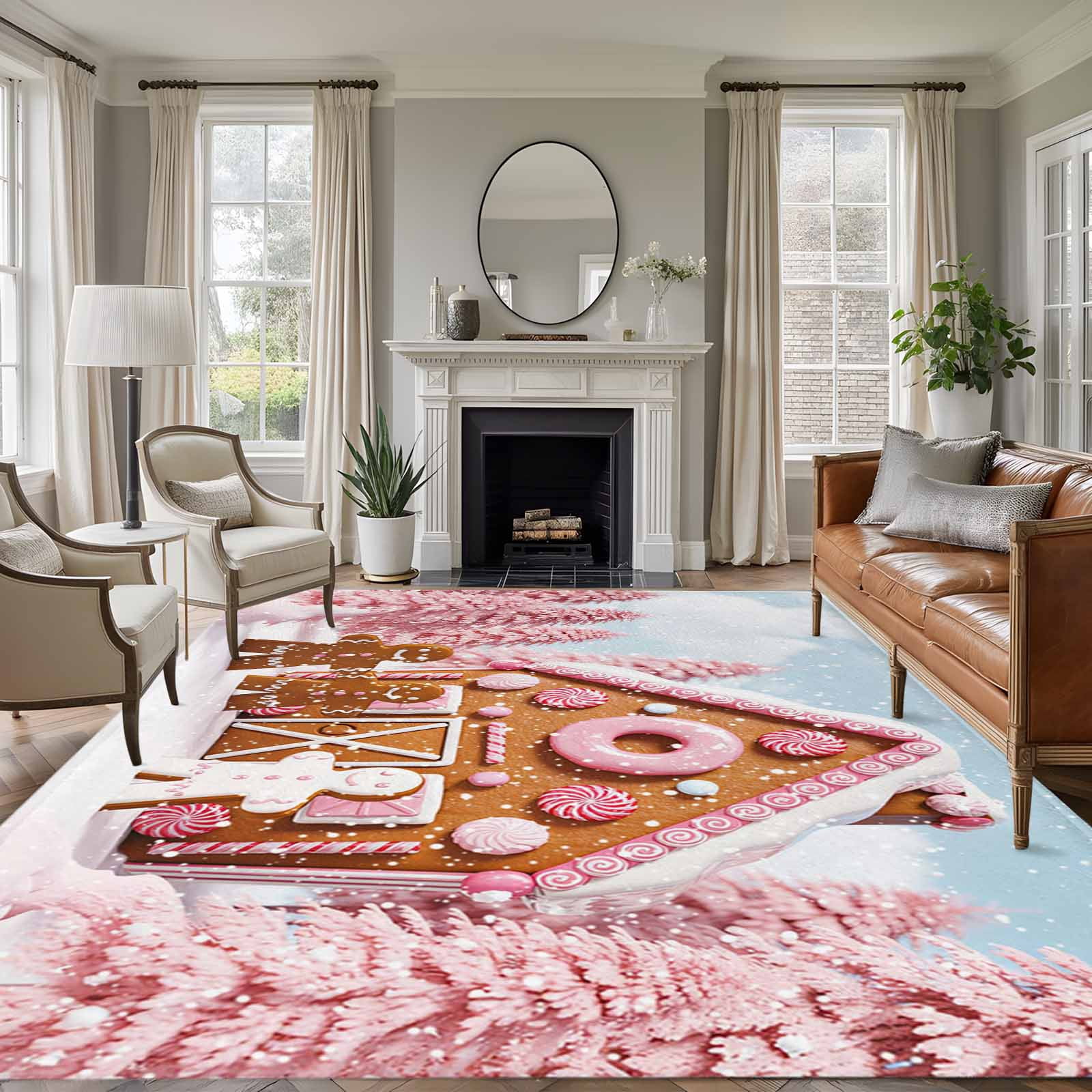 Area Rug for Living Room, Pink Christmas Non-Slip Indoor Large Carpet ...