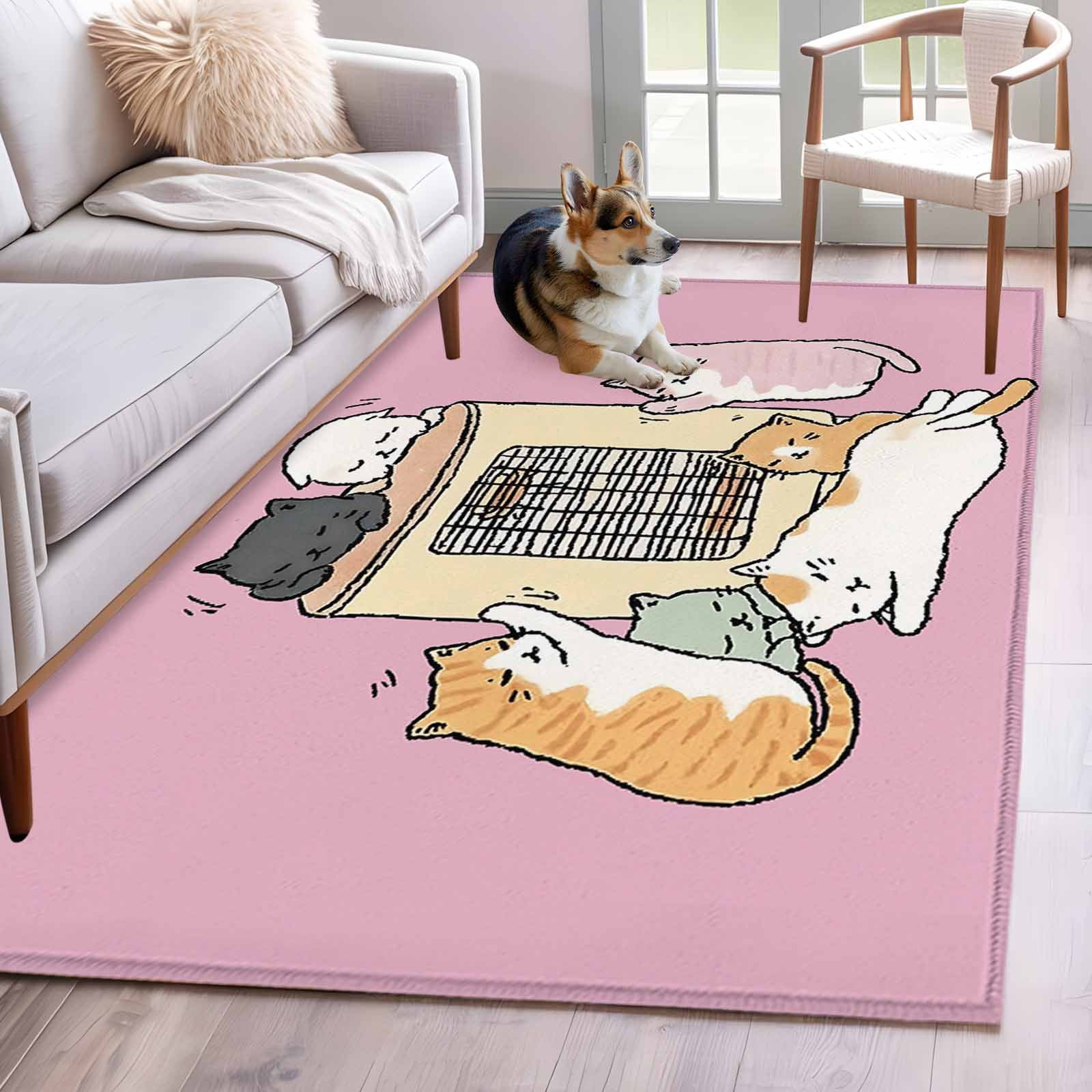 Area Rug for Living Room, Pink Cute Cat Non-Slip Indoor Large Carpet ...