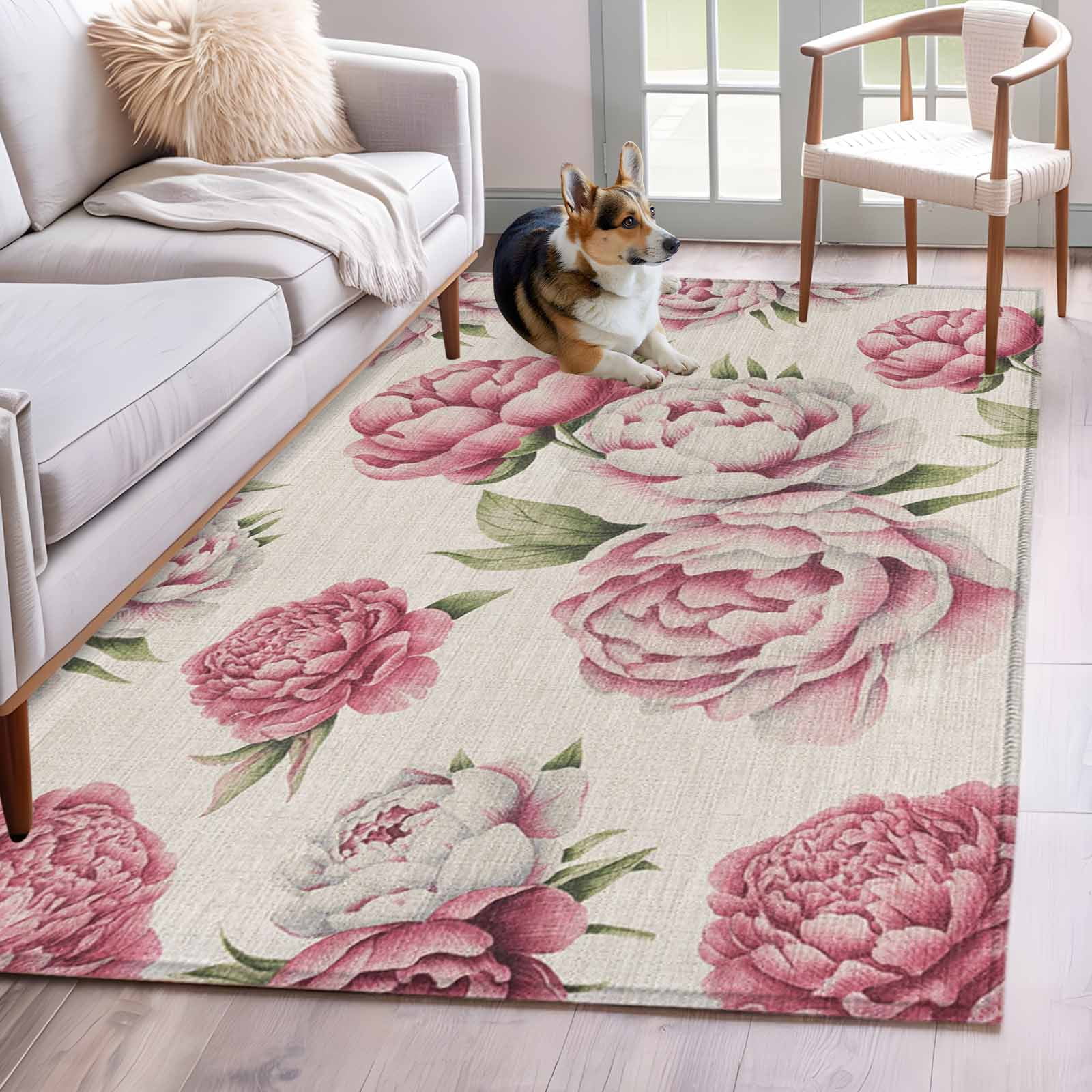 Area Rug for Living Room, Pink Floral Non-Slip Indoor Large Carpet for ...