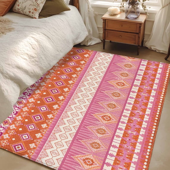 Area Rug for Living Room, Pink Orange Boho Non-Slip Indoor Large Carpet ...
