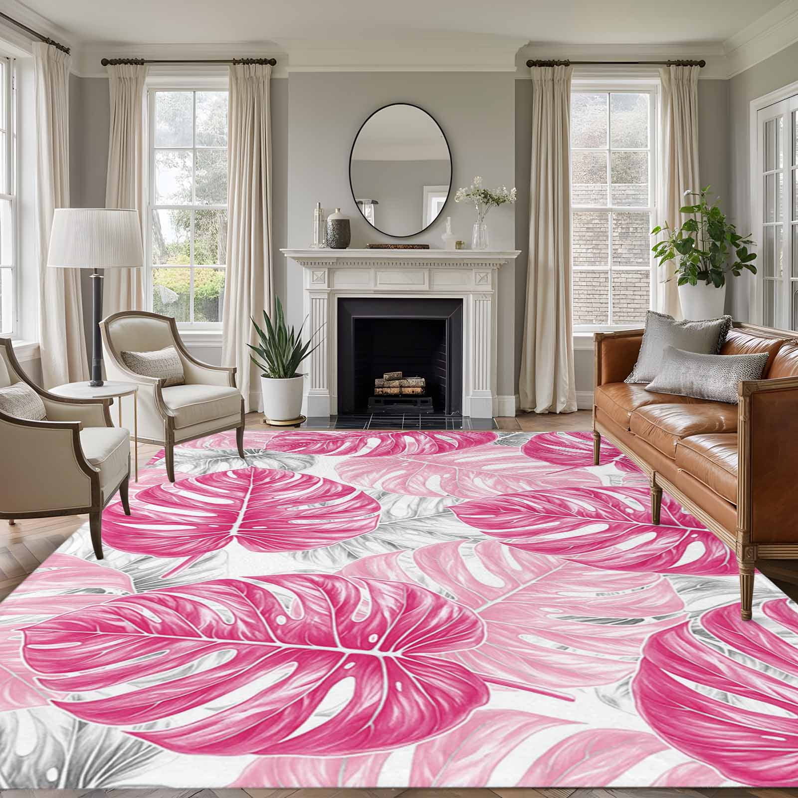Area Rug for Living Room, Pink Palm Leaf Non-Slip Indoor Large Carpet ...