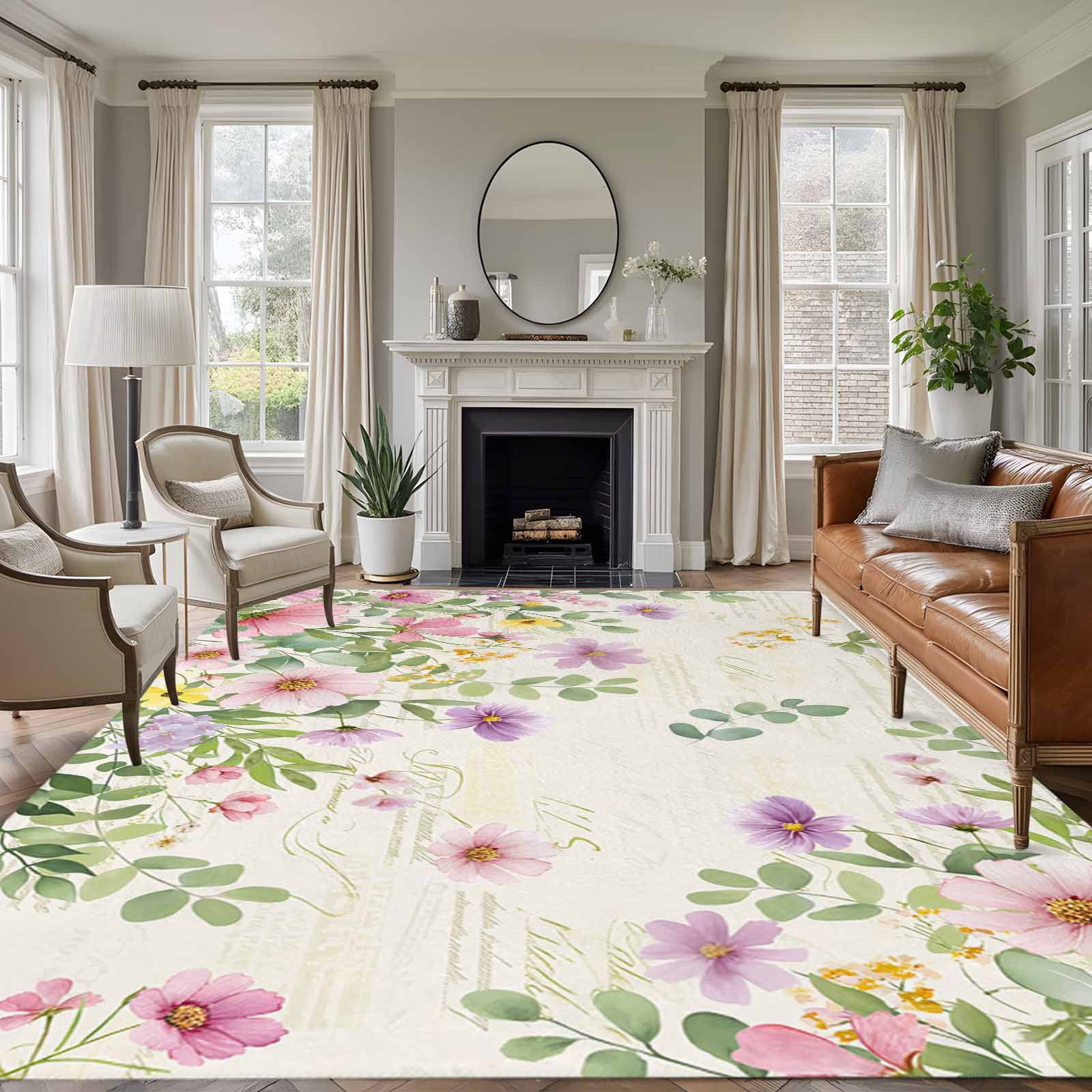 Area Rug for Living Room, Pink Purple Flower Non-Slip Indoor Large ...