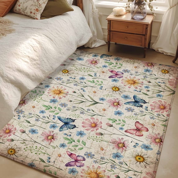 Area Rug for Living Room, Pink Spring Floral Non-Slip Indoor Large ...