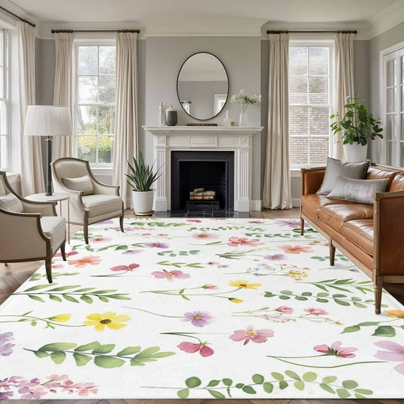Area Rug for Living Room, Pink Spring Floral Non-Slip Indoor Large ...