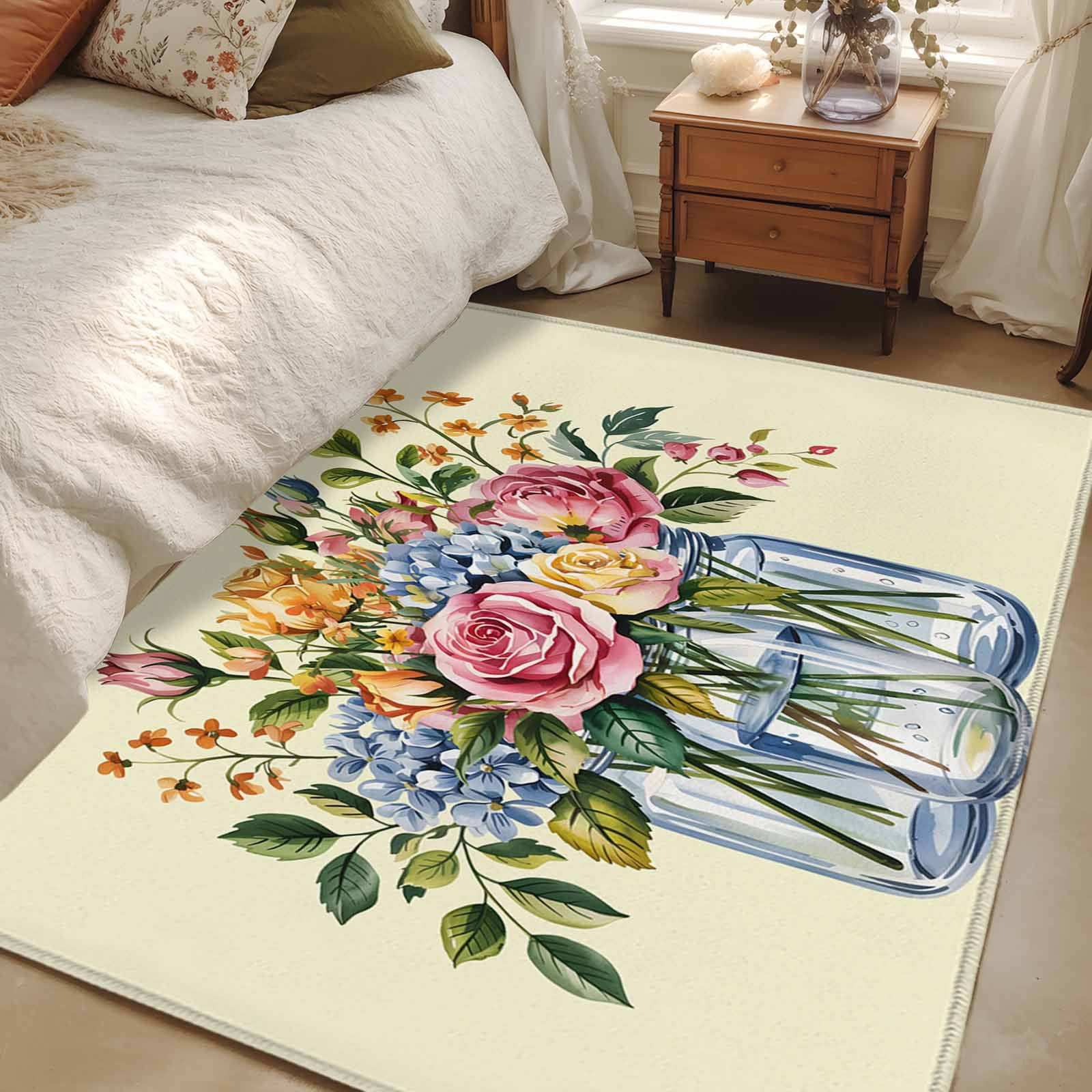 Area Rug for Living Room, Pink Spring Floral Non-Slip Indoor Large ...